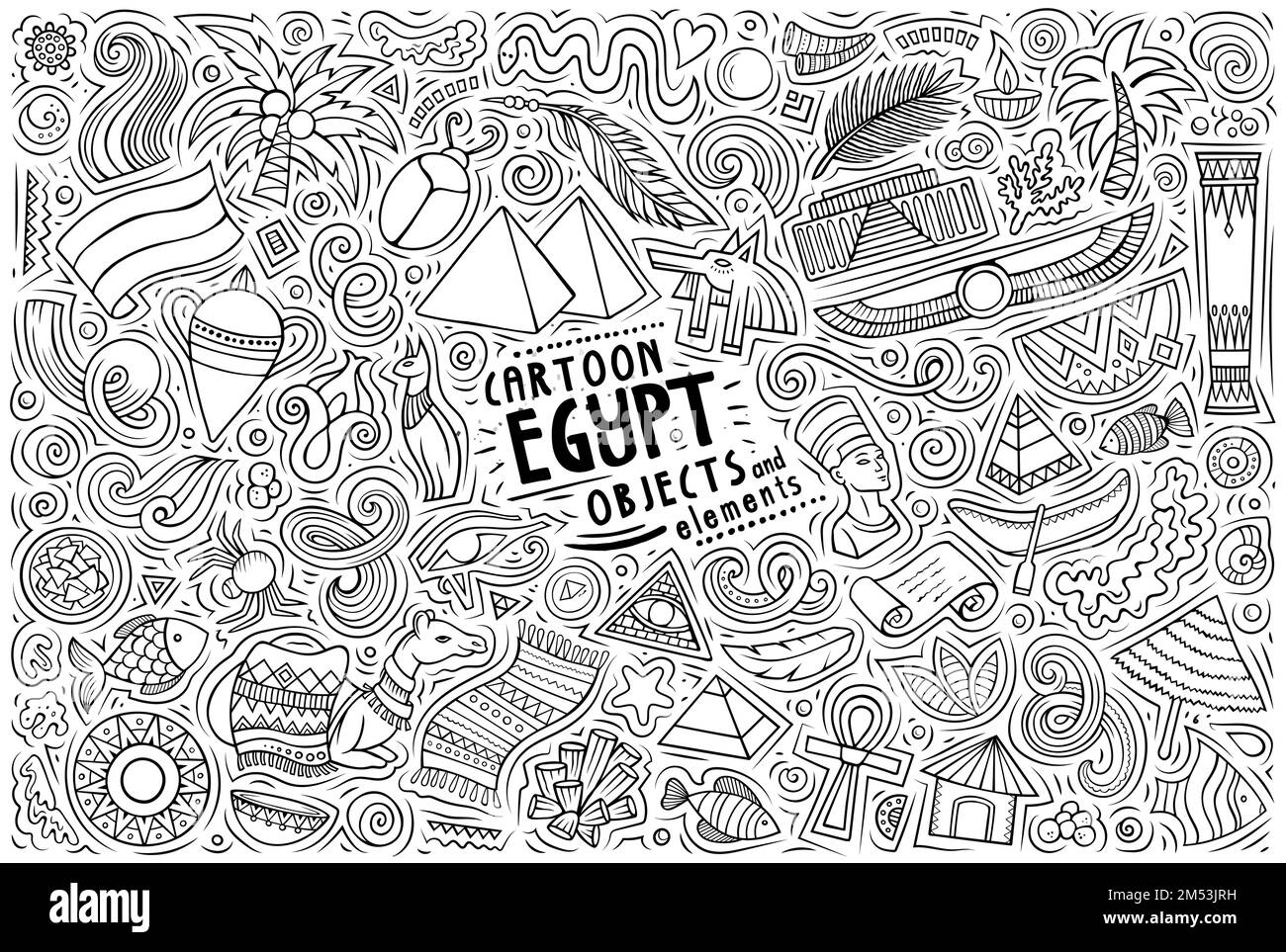 Cartoon vector doodle set of Egypt traditional symbols, items and ...