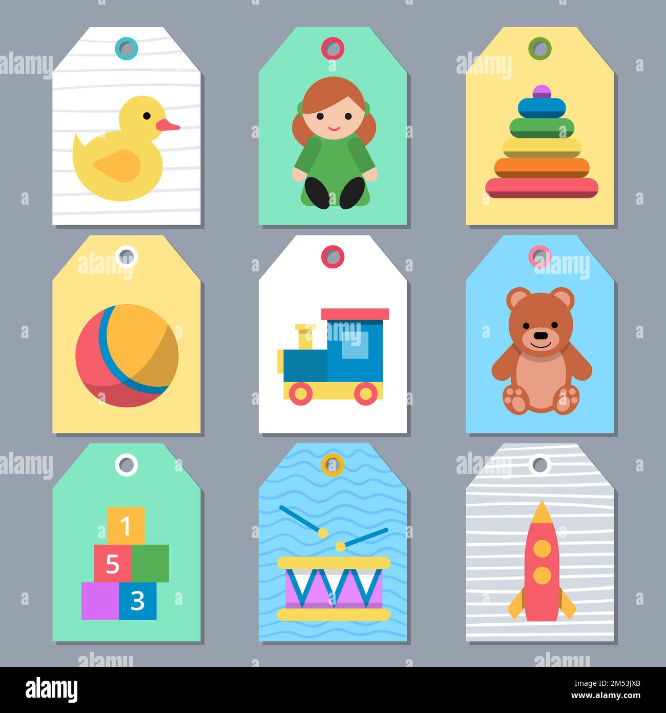 Toys cards. tags with children toys ball doll teddy bear. Vector ...