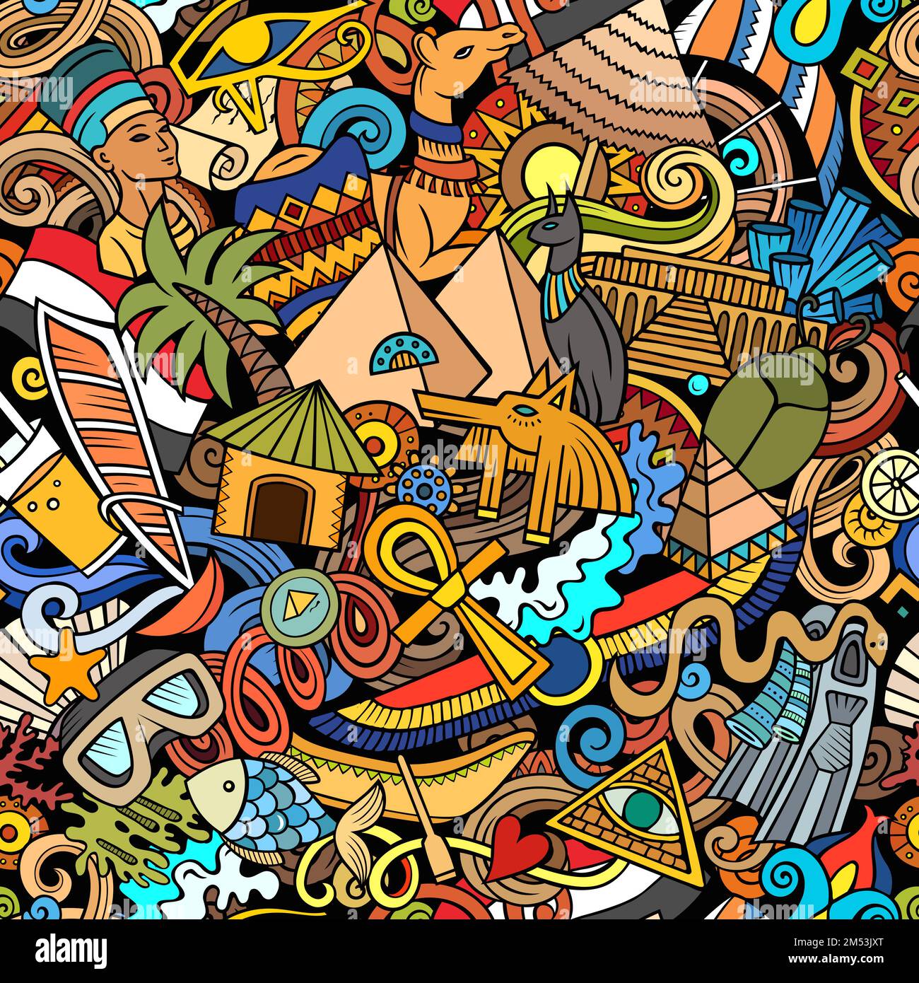 Cartoon doodles Egypt seamless pattern. Backdrop with local Egyptian ...