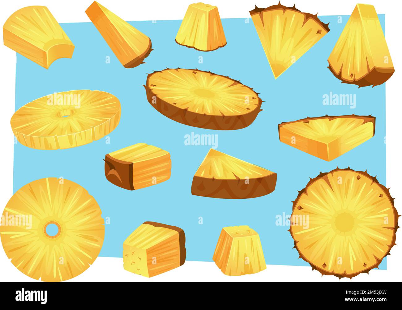 Pineapples. Sliced cartoon natural fruits tropical pineapple pieces collection juicy annanas ...