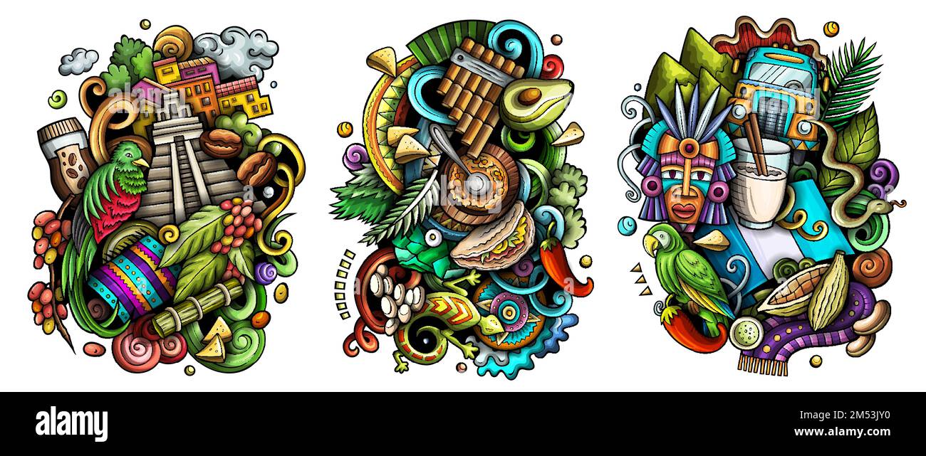 Guatemala cartoon vector doodle designs set. Colorful detailed ...