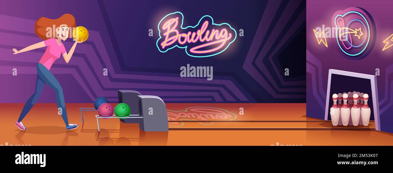 Bowling background. People in bowling club playing in action game with ...