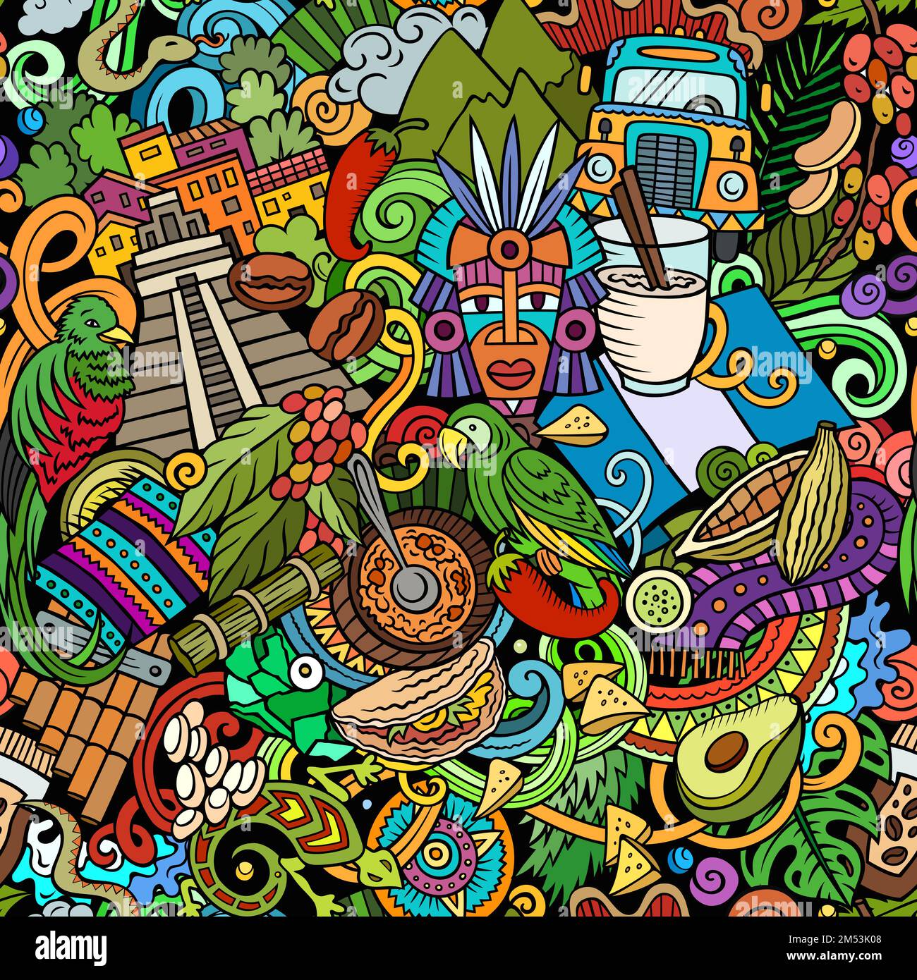 Cartoon doodles Guatemala seamless pattern. Backdrop with local Central ...