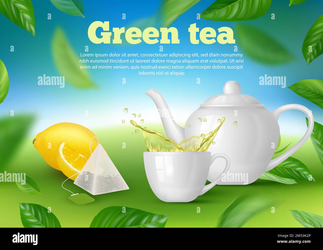 Tea poster. Relax time hot liquid products in kettle decent vector ads ...