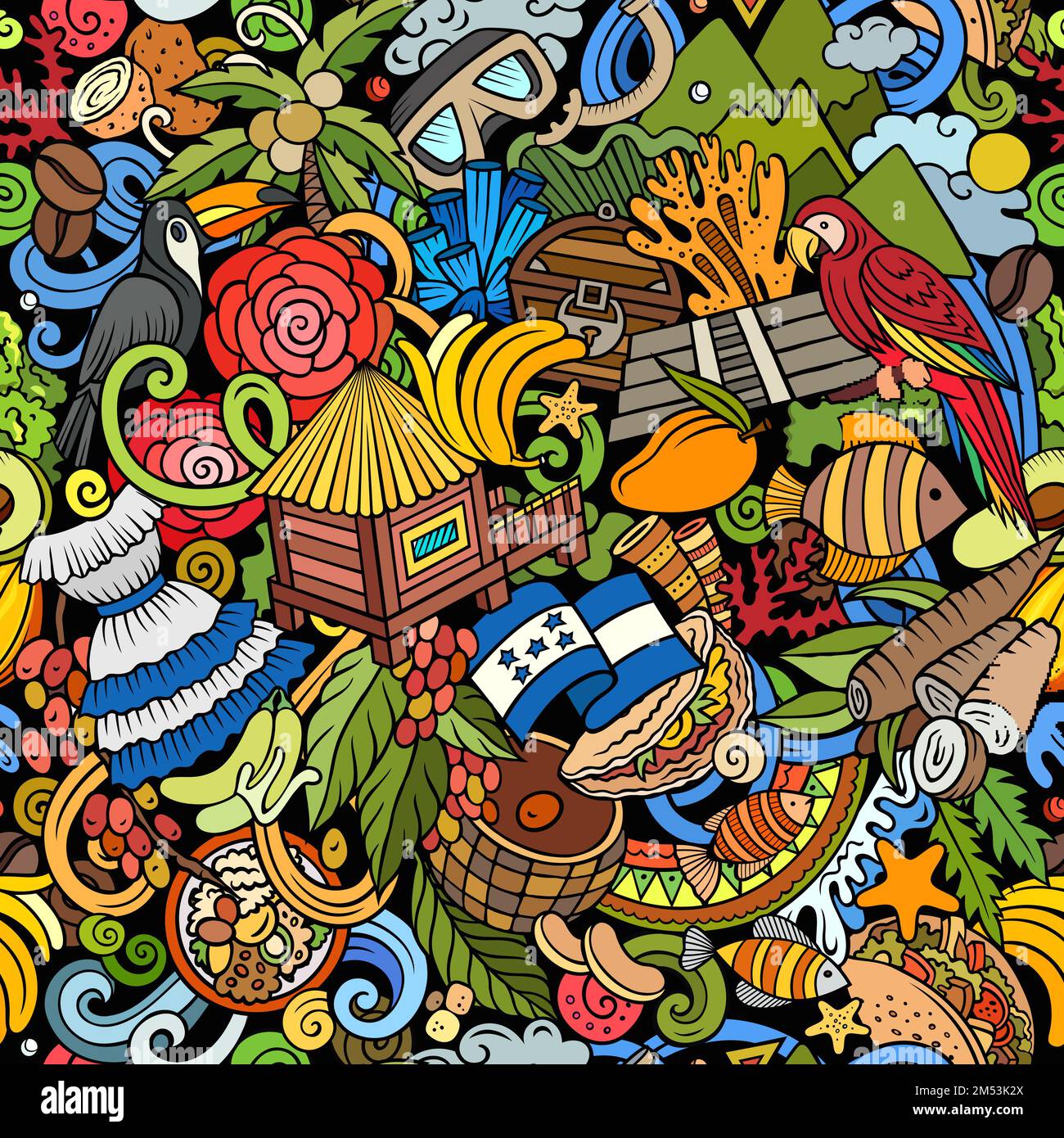 Cartoon doodles Honduras seamless pattern. Backdrop with local Honduran ...