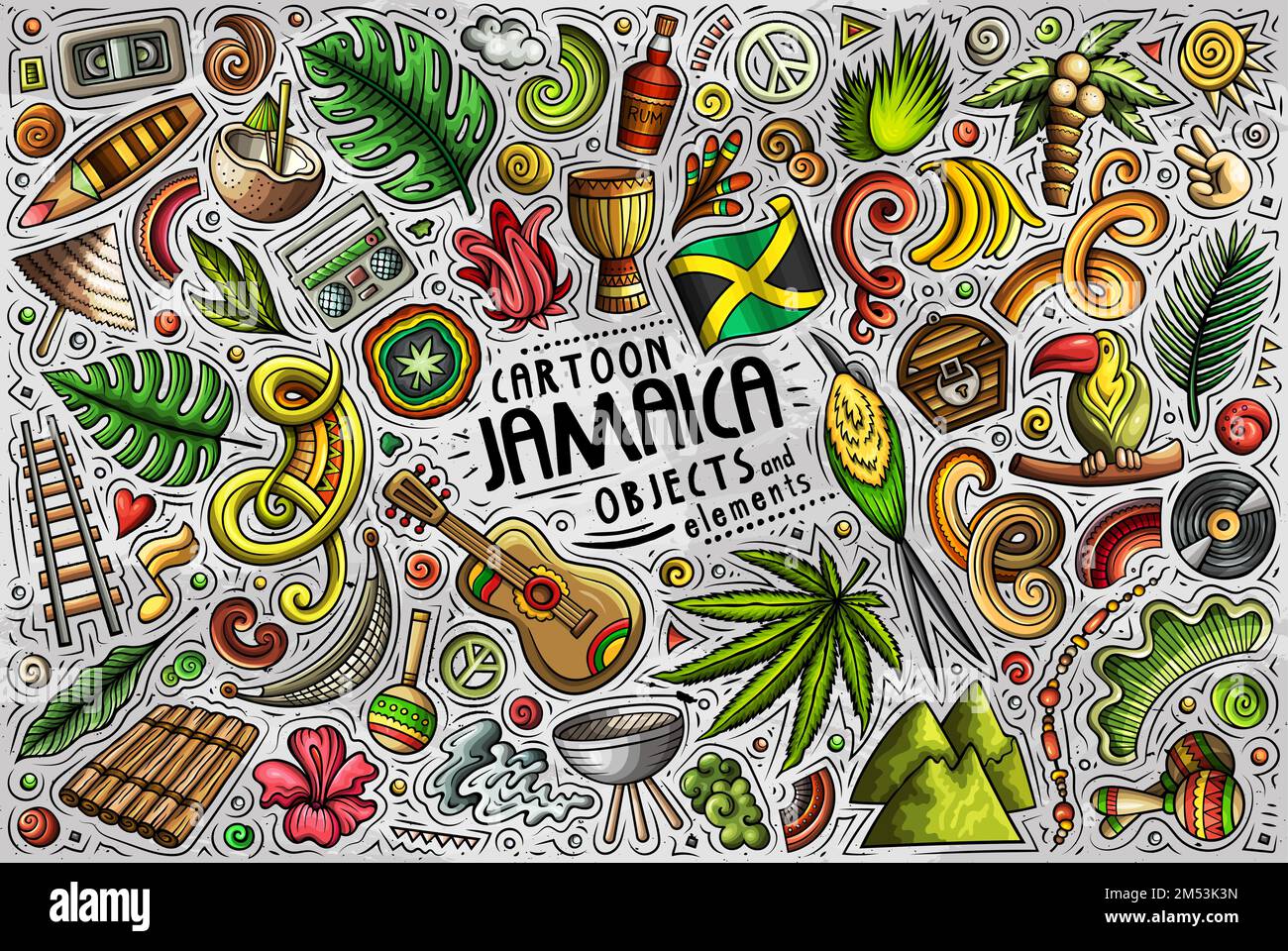 Cartoon vector doodle set of Jamaica traditional symbols, items and ...