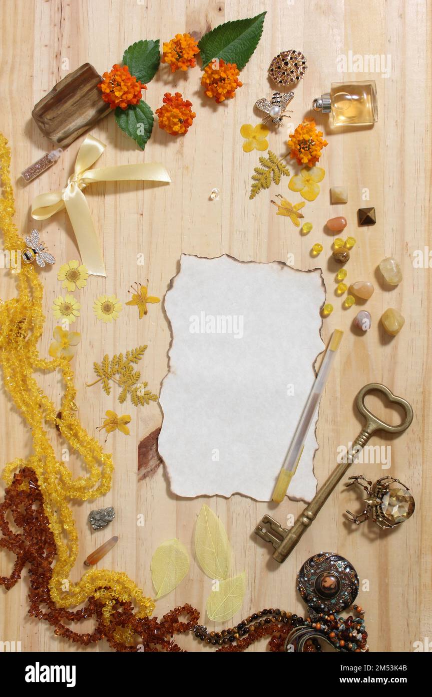 A top view of Jewelry and Decorations with Vintage Brass Key and Blank ...