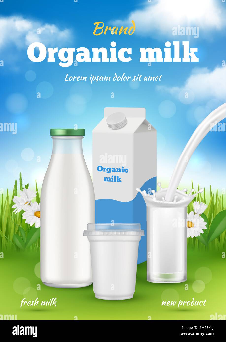 Dairy ads. Banners for milk product in different packages decent vector ...