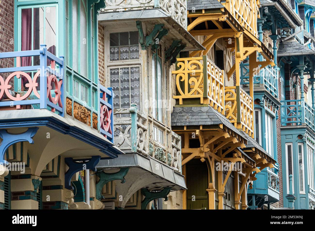 A line of colored houses in Mers-Les-Bains in Normandy France Stock ...