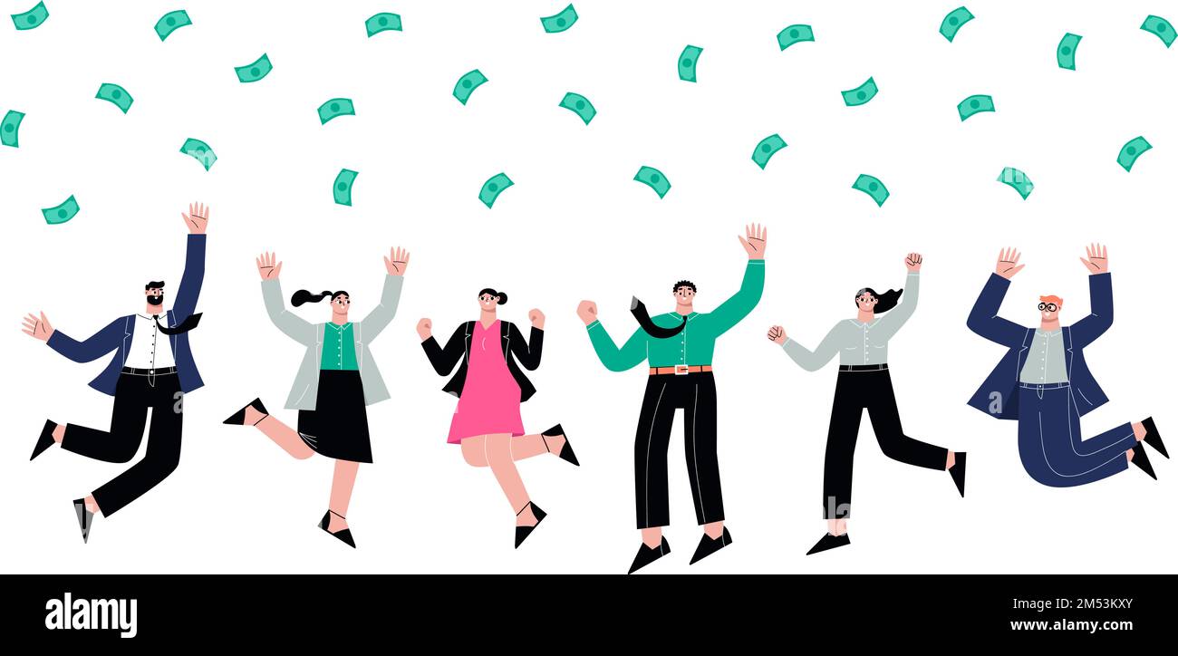 Business team celebrating victory success. Money rain, successful ...