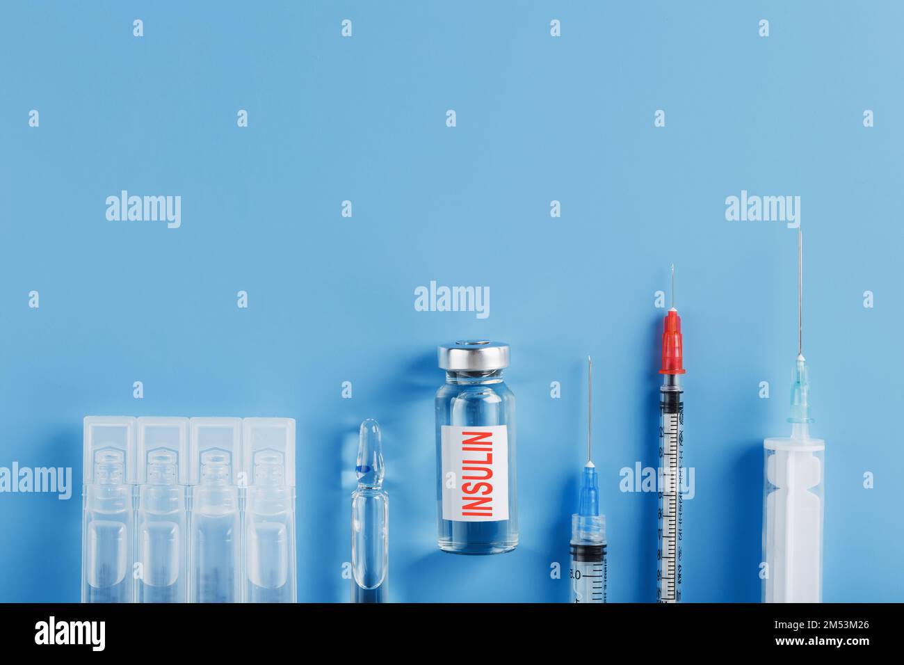 Ampoule bottle with insulin, needles and syringes for medical ...