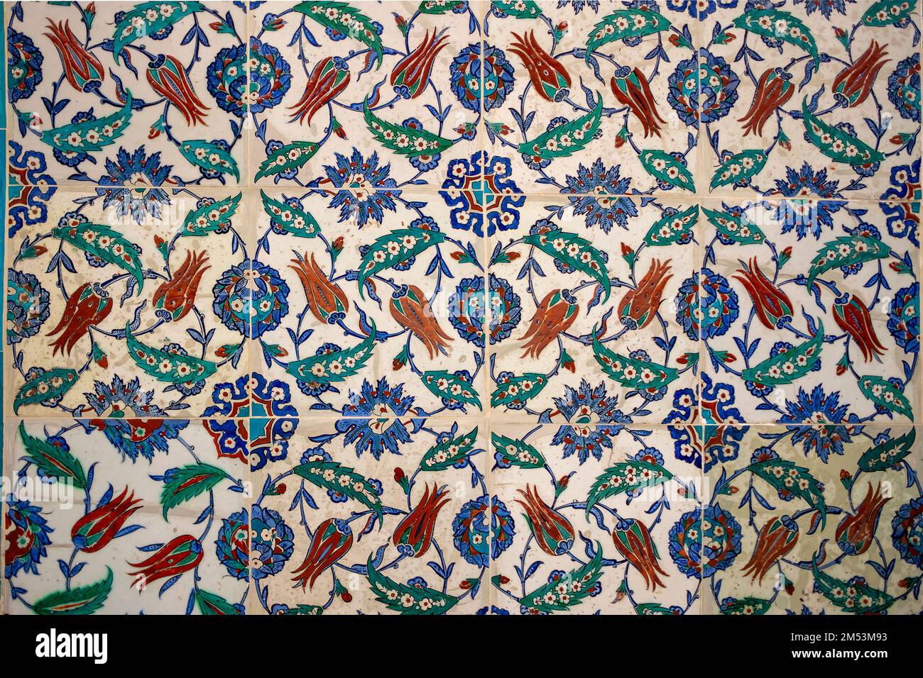 Seamless pattern white Turkish tiles with blue ornaments. Old surface ...