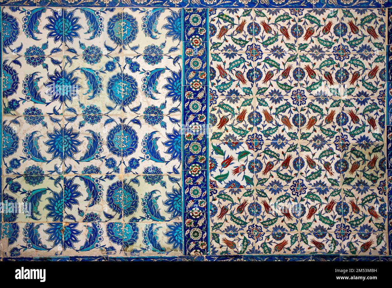 Seamless pattern white Turkish tiles with blue ornaments. Old surface ...