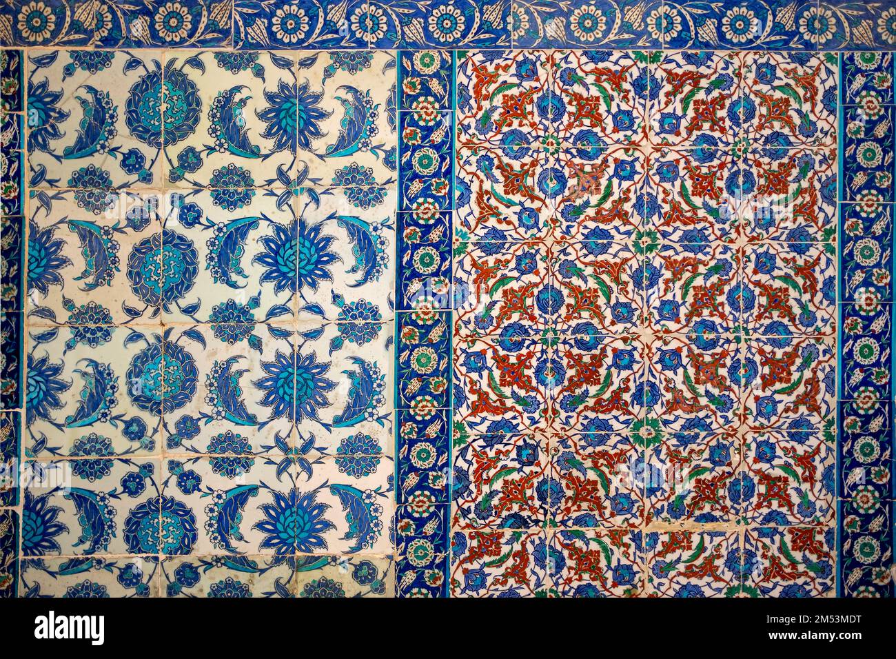 Seamless pattern white Turkish tiles with blue ornaments. Old surface ...