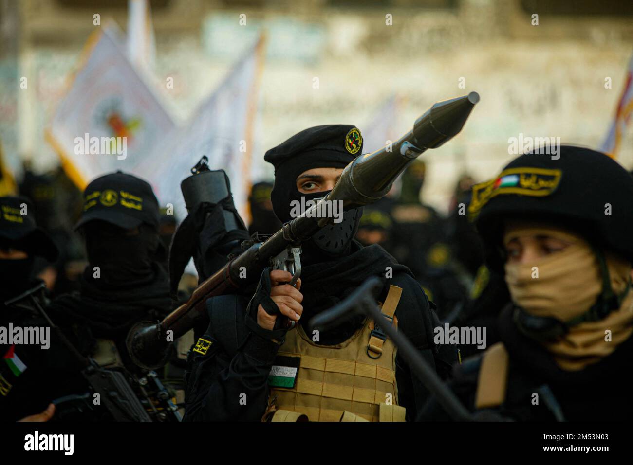 Members of the Al-Quds Brigades a military wing of Palestinian Islamic ...