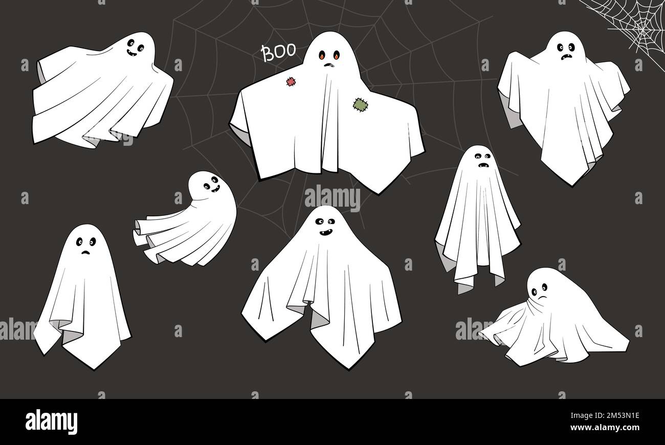 Different cloth Ghosts with scary, spooky, happy and funny faces ...