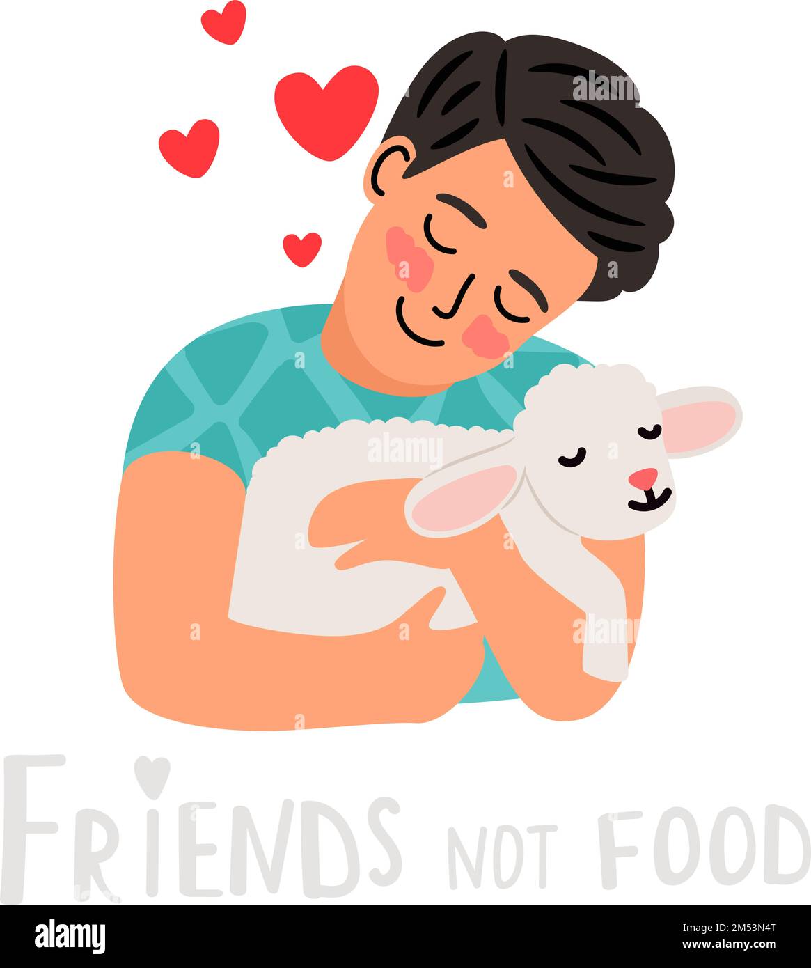 Little kind boy shows his love to animals and hugging a lamb. Nature ...