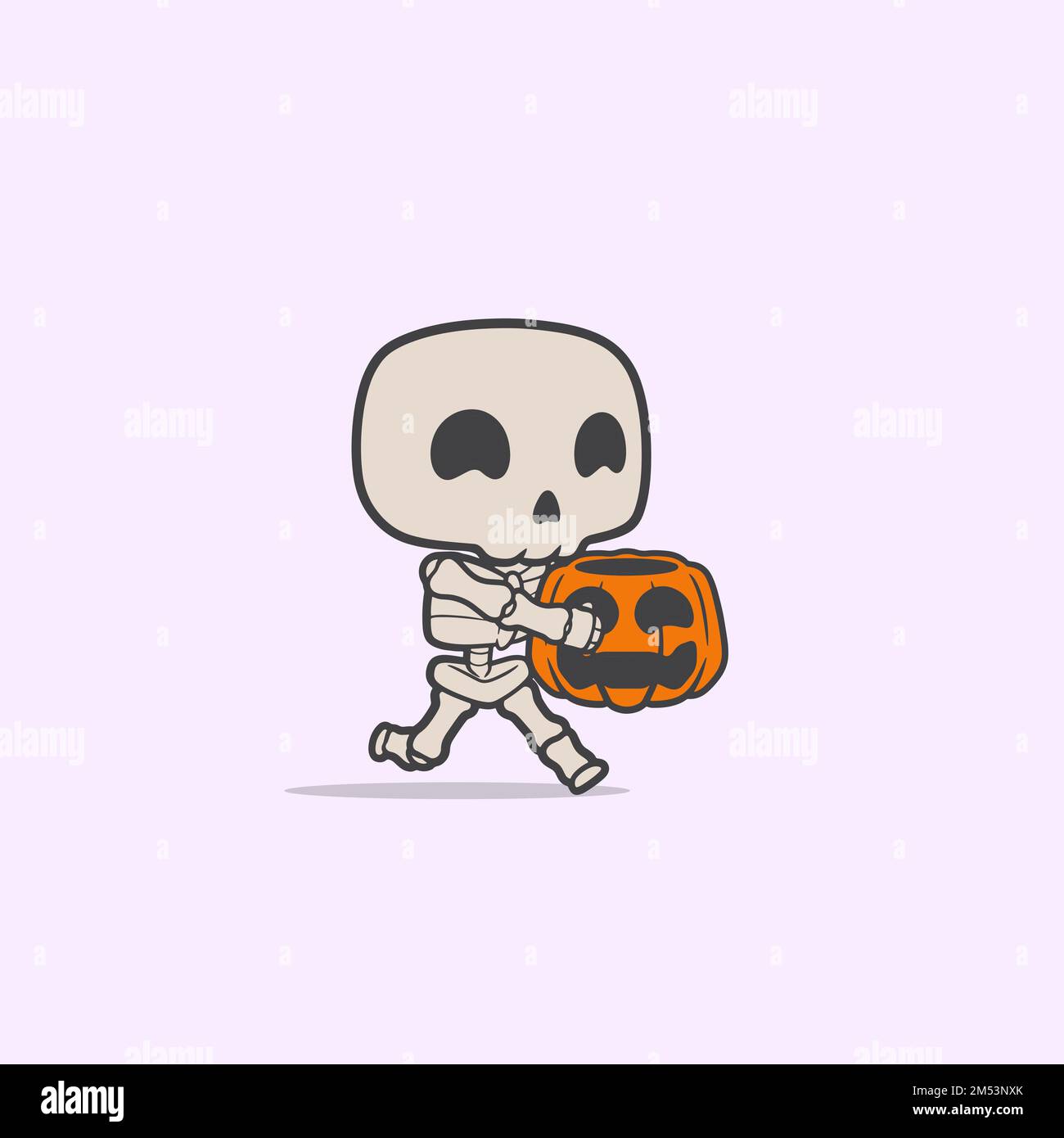 A vector illustration of cute funny skeleton ghost running with pumpkin ...