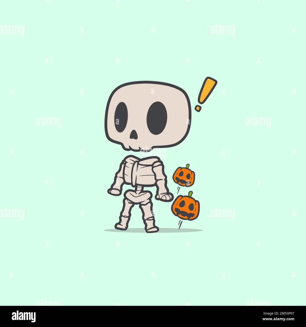A vector illustration of cute funny skeleton ghost and pumpkins ...