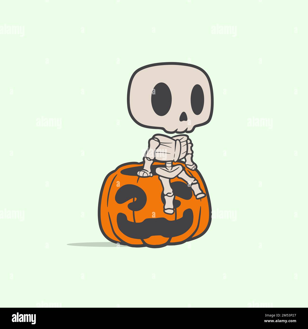 A vector illustration of cute funny skeleton ghost sitting on a pumpkin ...