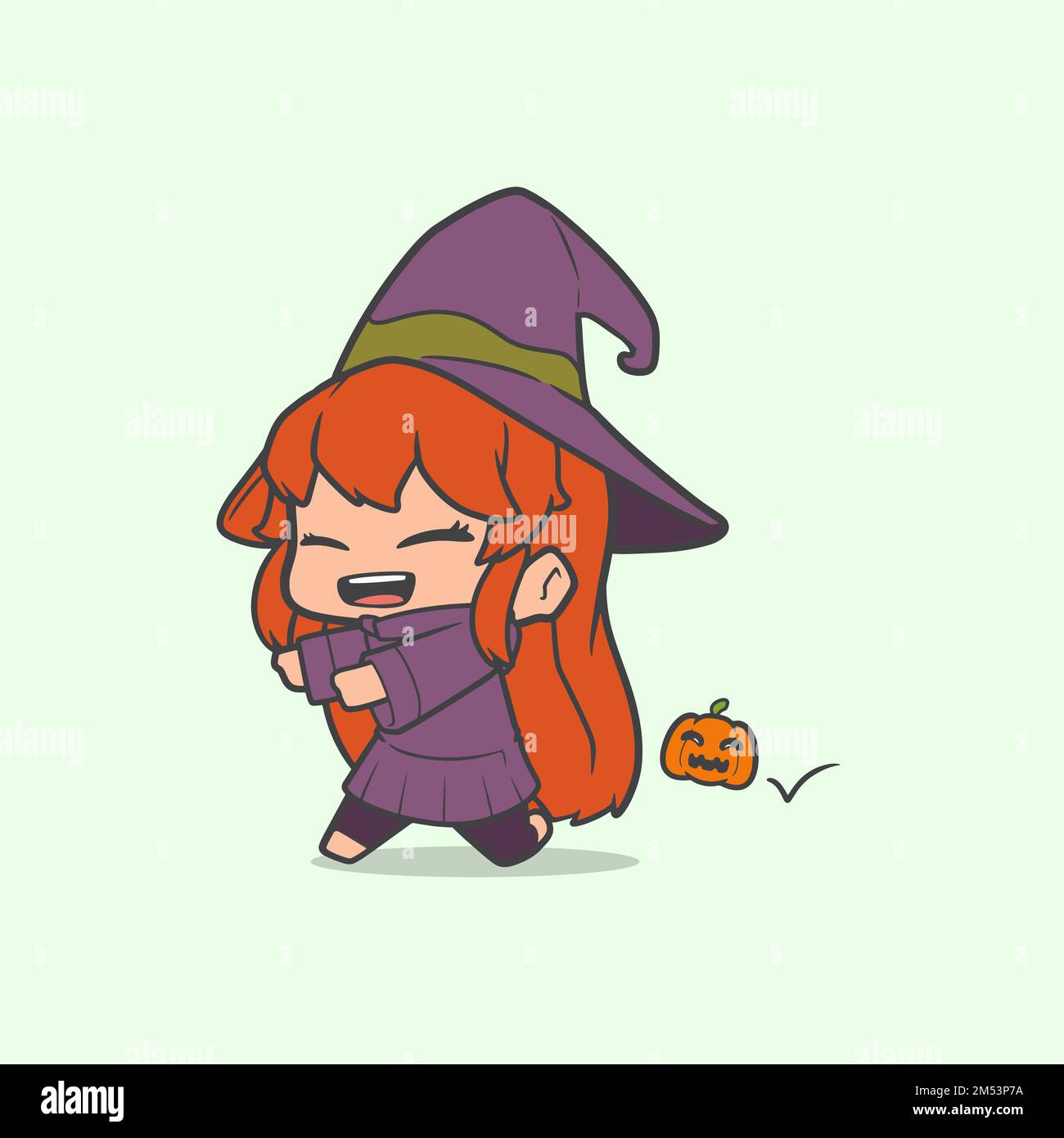 A vector illustration of cute funny little witch running from carved ...