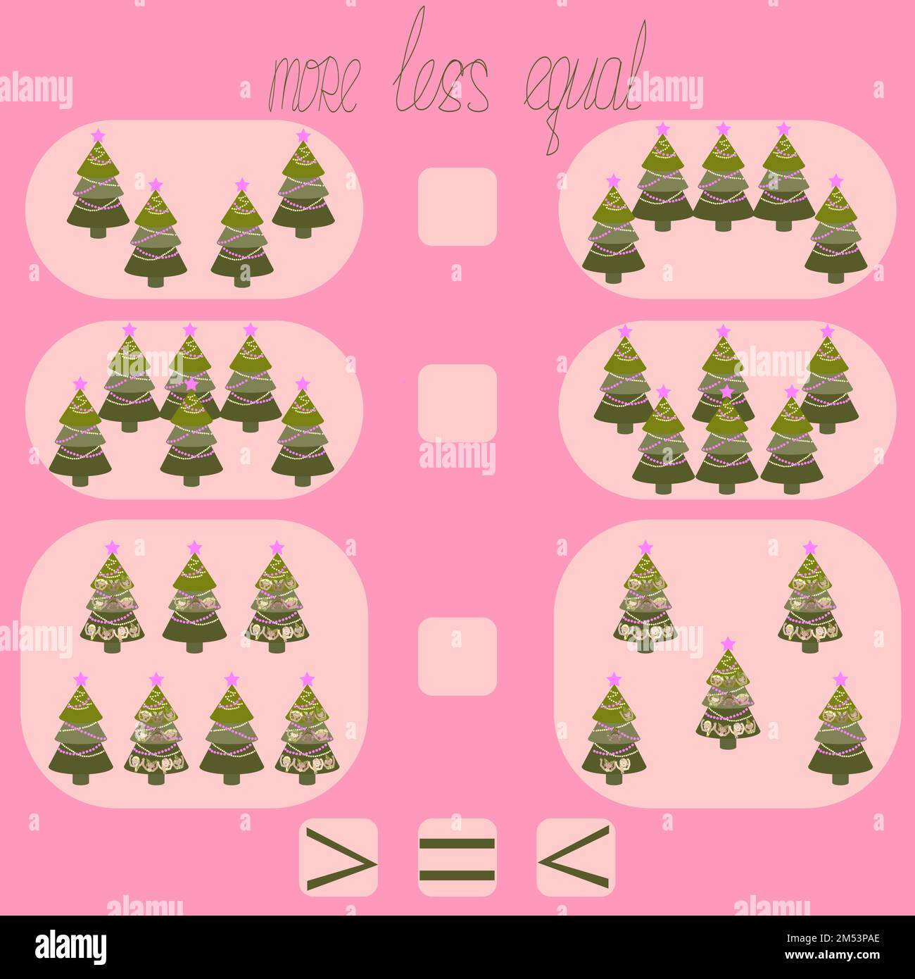 count the Christmas trees in the picture and put a sign more, less or ...