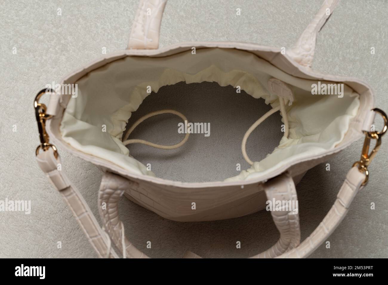 Open inside hand bag above top view close up view Stock Photo - Alamy