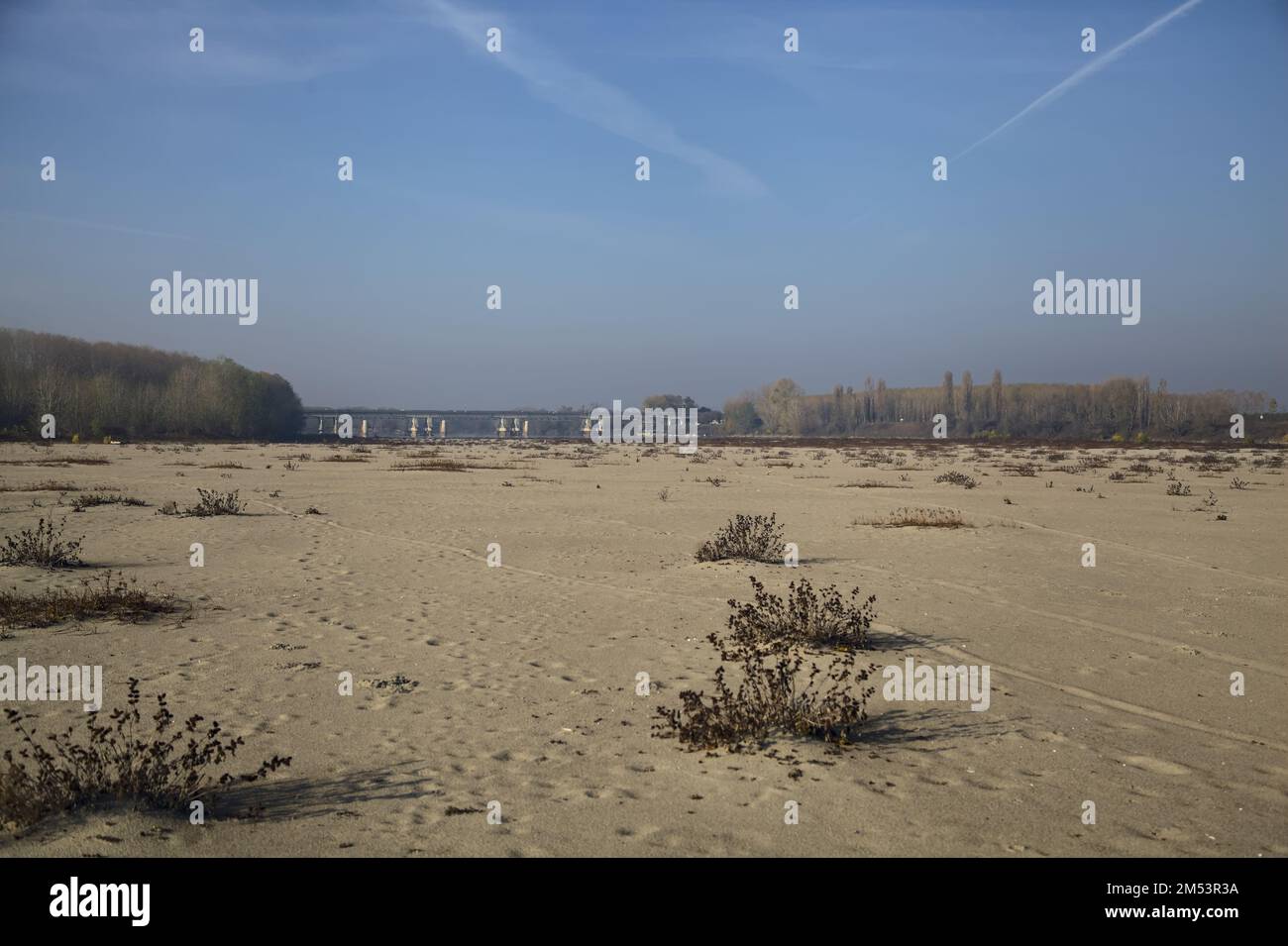 Sandy rivershore dotted by bushes with a bridge over the river on the ...