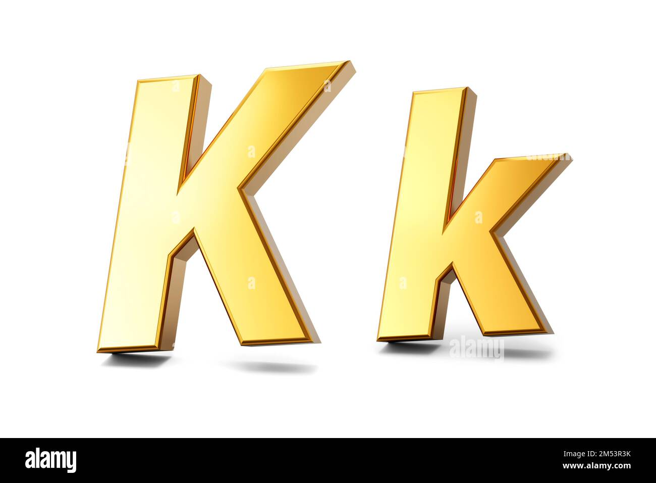 A 3d illustration of letter K in gold metal on a white isolated ...
