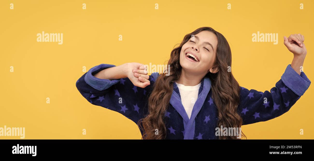 happy sleepy child girl enjoy morning in cozy bathrobe, lazy weekend ...