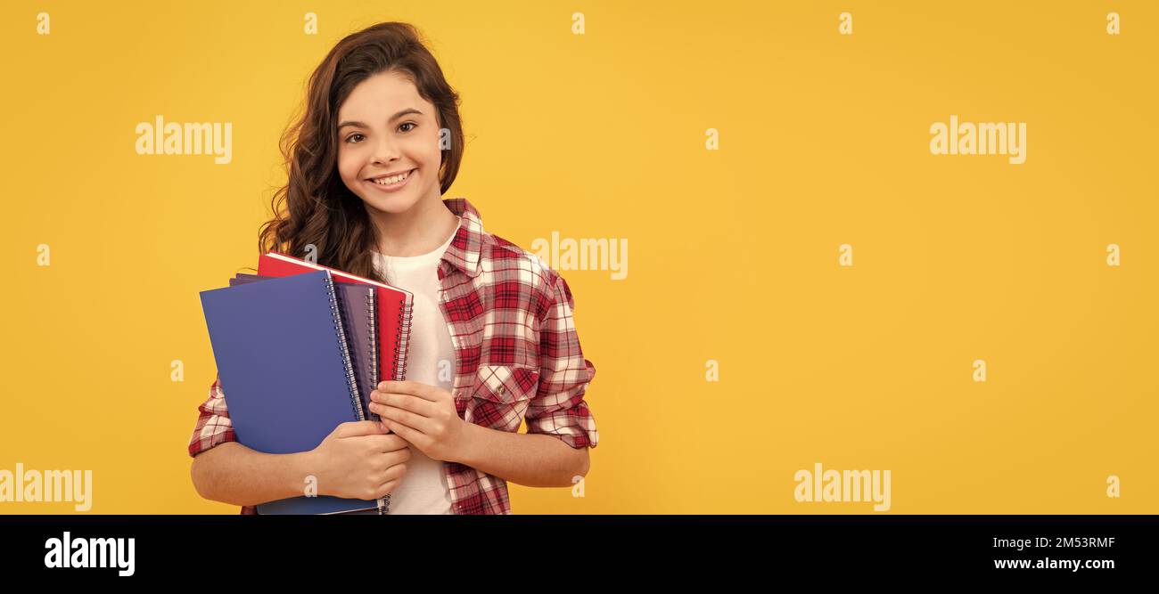 smiling school child ready to study with copybooks, knowledge. Banner ...