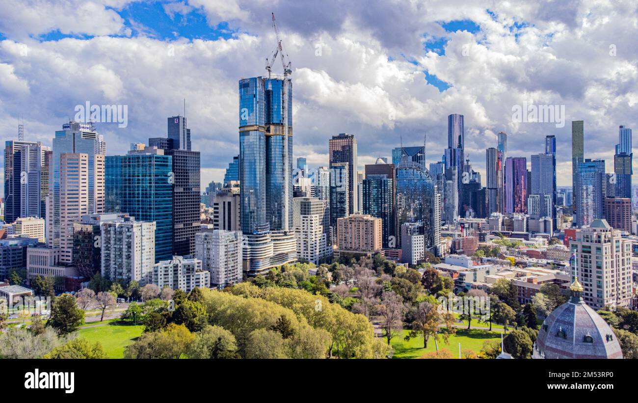 An aerial drone shot of the inspiring skyscrapers of Melbourne city ...