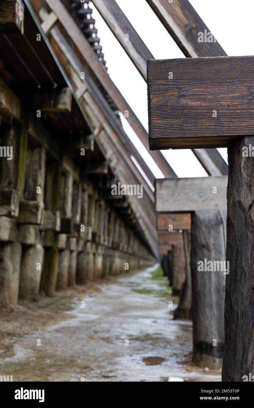 Construction of a wooden graduation tower. Close-up of the supporting ...