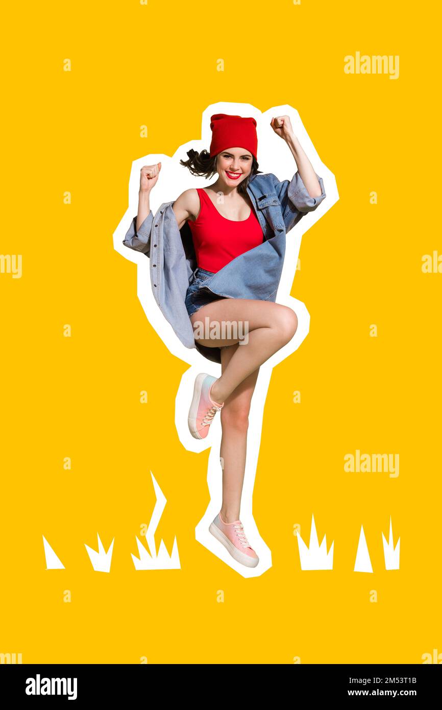 Creative photo 3d collage artwork poster postcard of happy lady rejoice ...