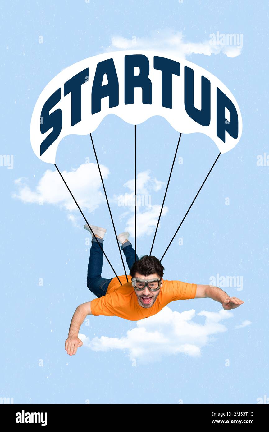 Creative 3d collage parachutist young man flying air startup ...