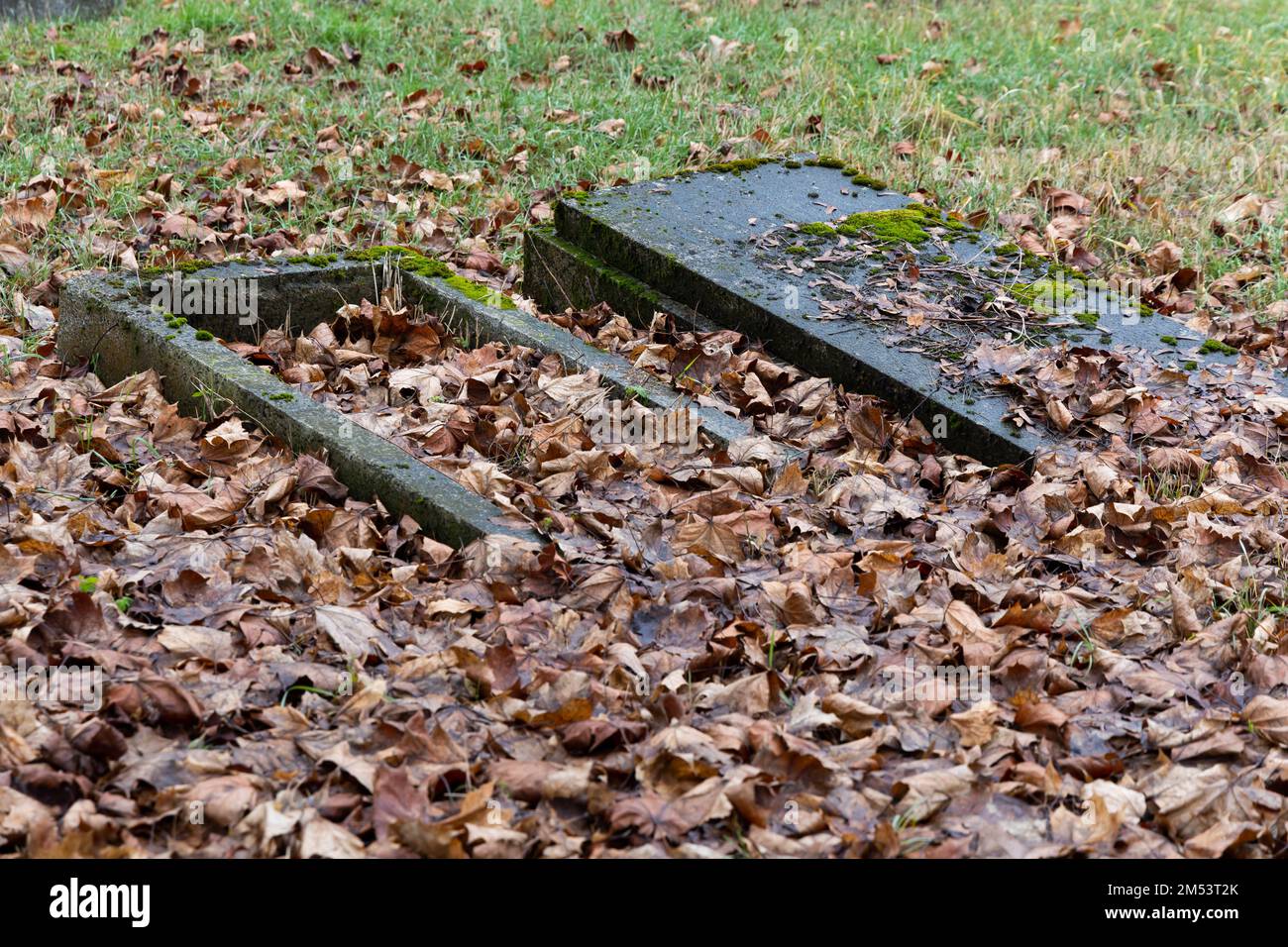 Remains of tombstones on an abandoned and neglected cemetery. National ...