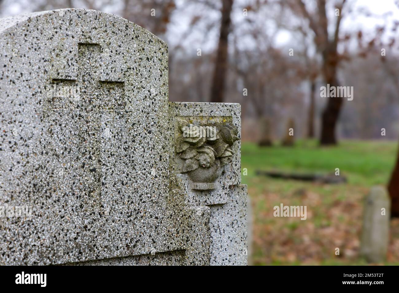Remains of tombstones on an abandoned and neglected cemetery. National ...