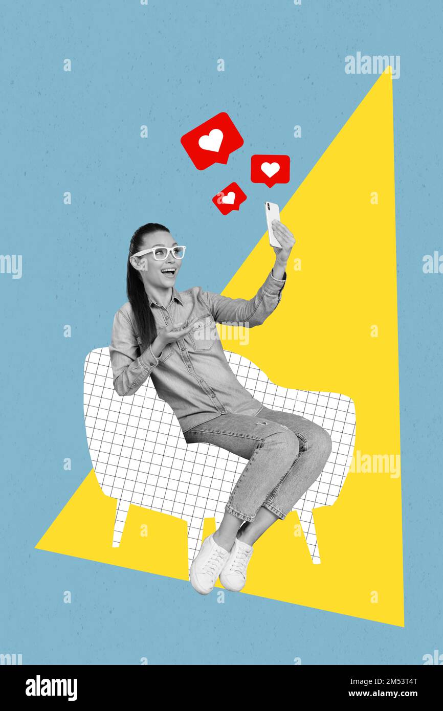 Artwork photo collage of positive video blogger popular influencer hold ...