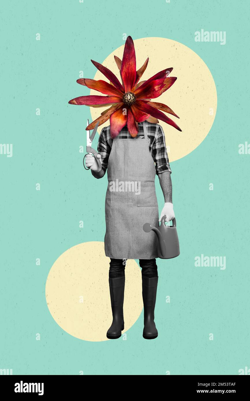 Vertical photo collage of creative absurd headless man gardener ...