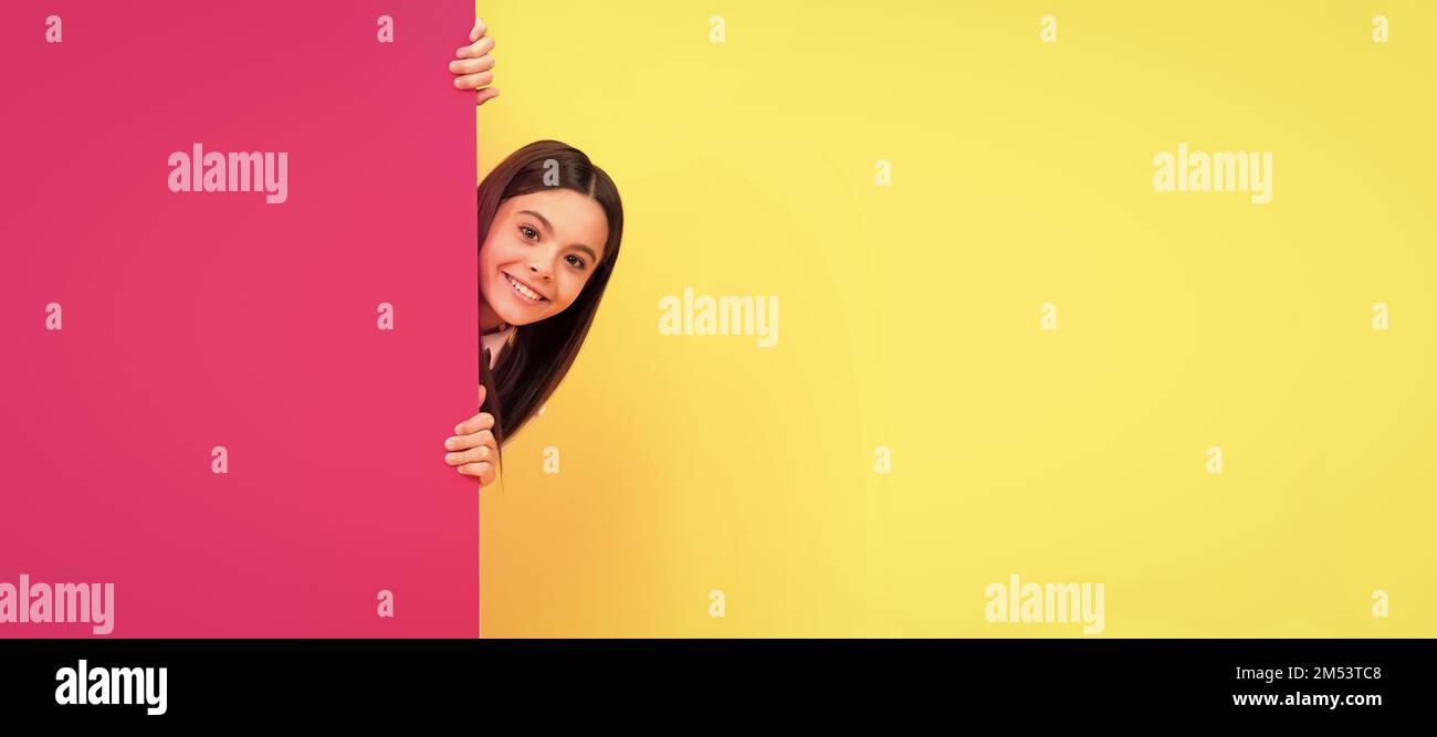 your marketing design. smiling teen girl with advertisement banner. kid ...