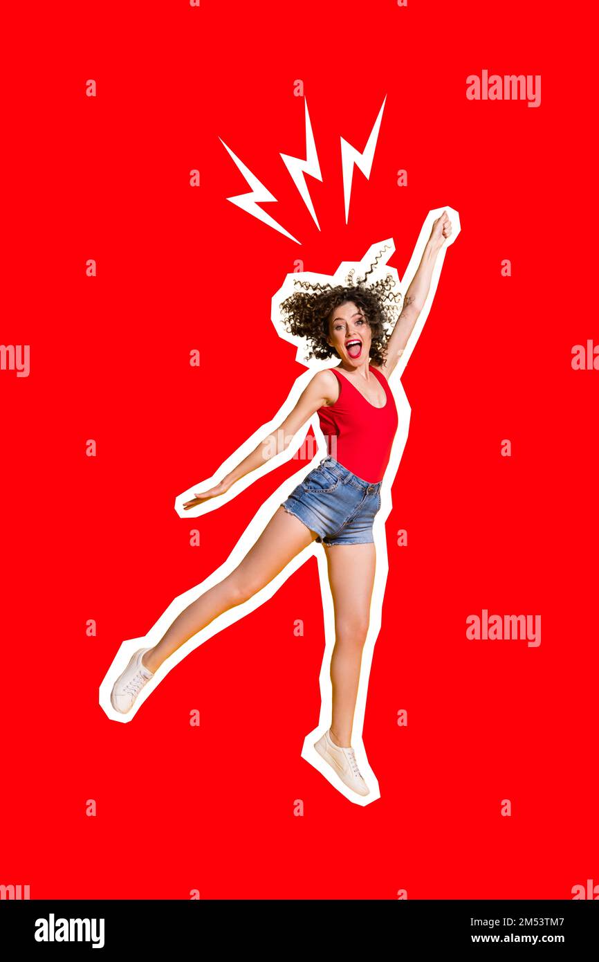 Vertical collage picture of astonished overjoyed girl jumping raise ...