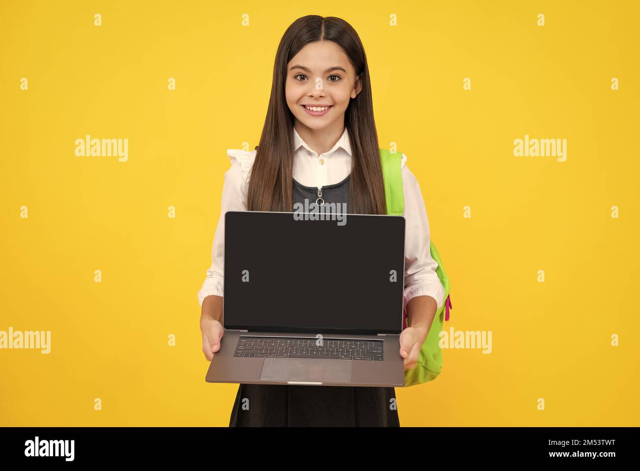 Young girl student, studying hold computer. E-learning concept. Funny ...