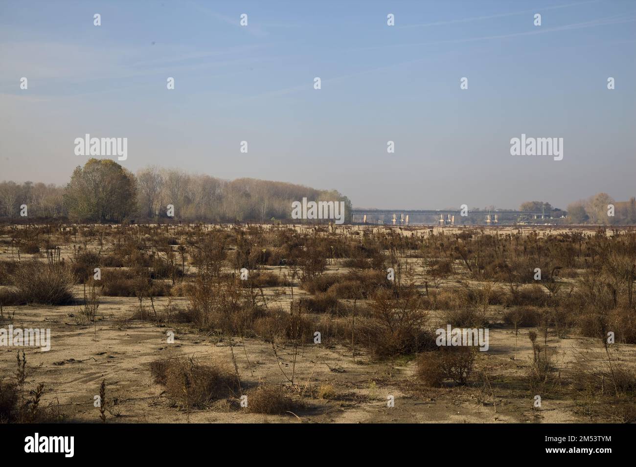 Sandy rivershore dotted by bushes with a bridge over the river on the ...