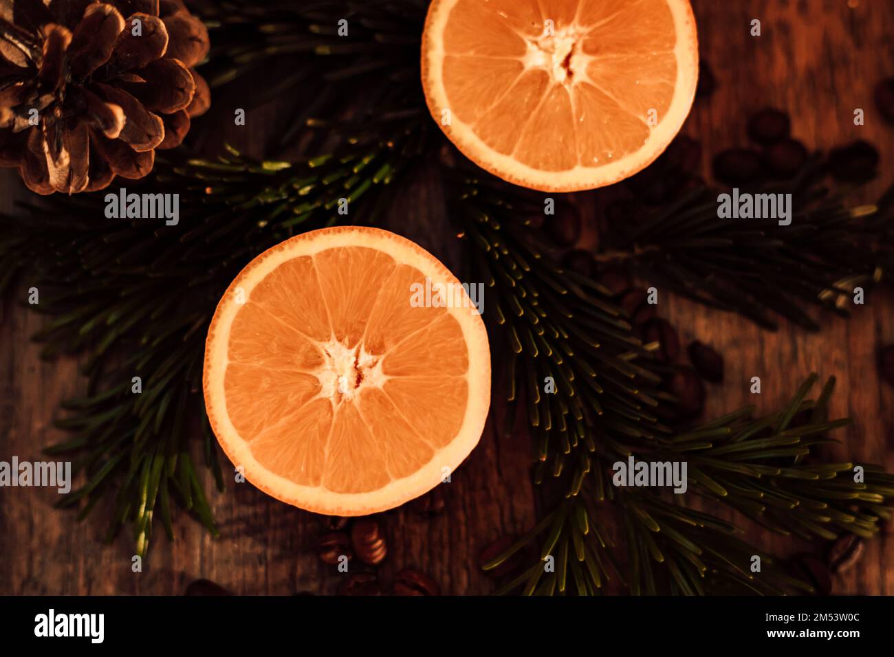 Christmas decorations oranges, cones and Christmas tree Stock Photo - Alamy