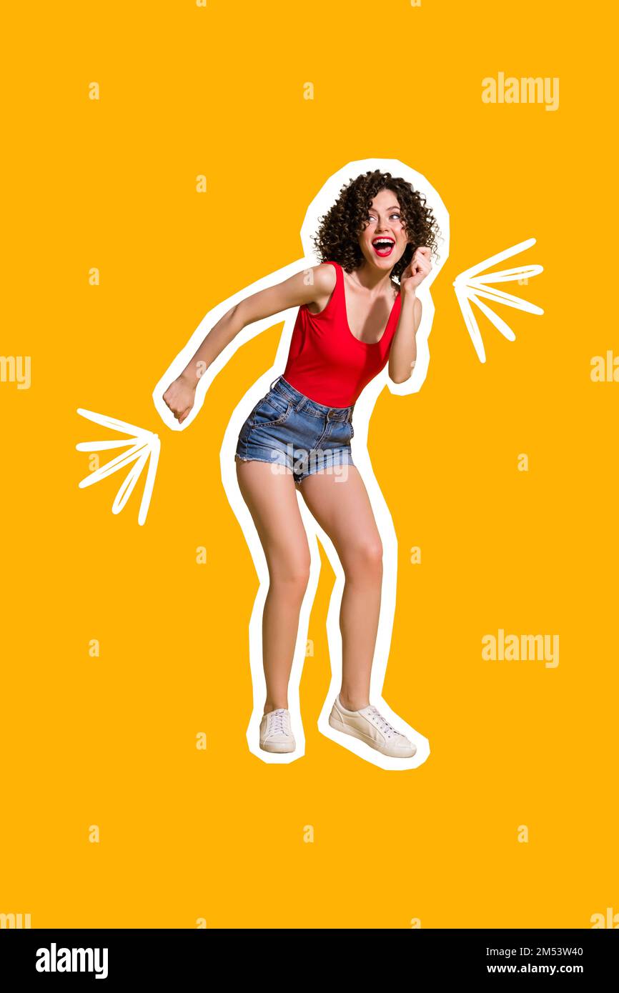 Vertical collage portrait of excited overjoyed girl dancing clubbing ...