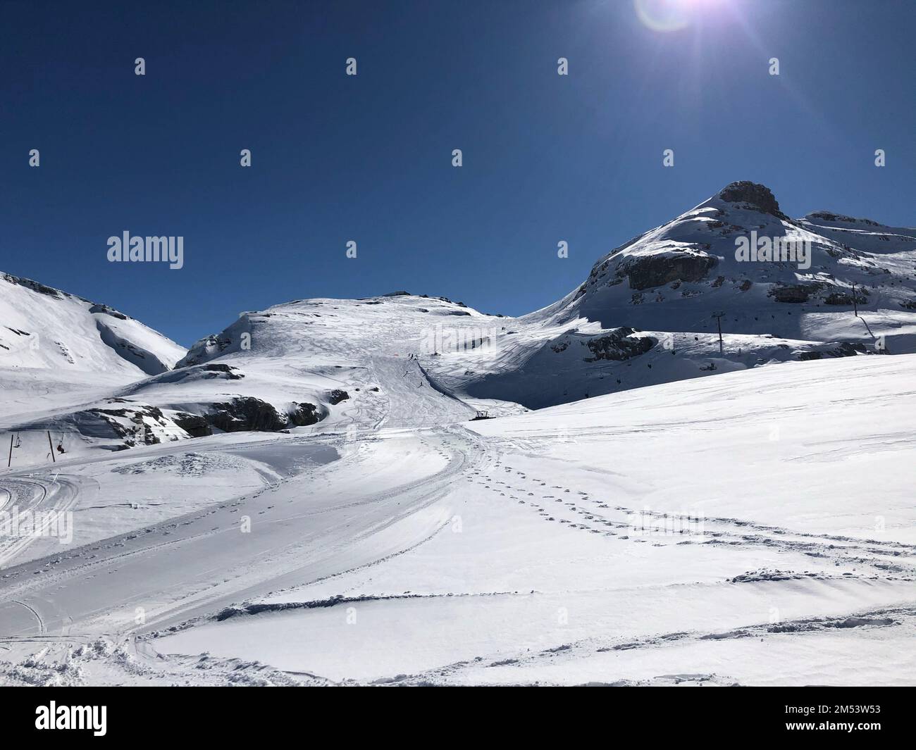 A snowy slope at the ski resort Flaine in the northern French Alps on a ...