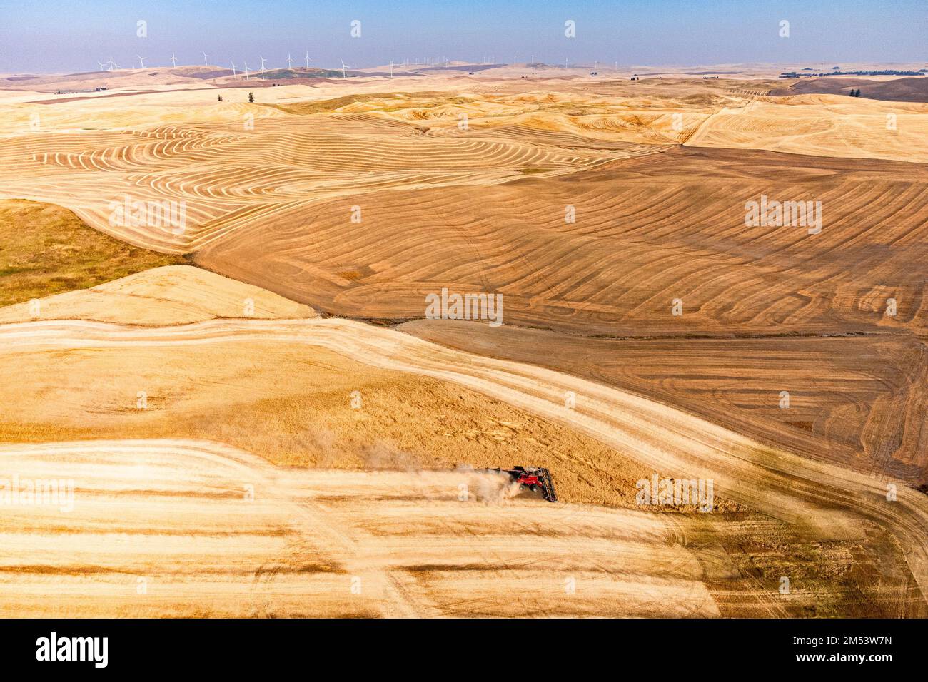An aerial shot of golden wheat fields in the rolling hills of the ...