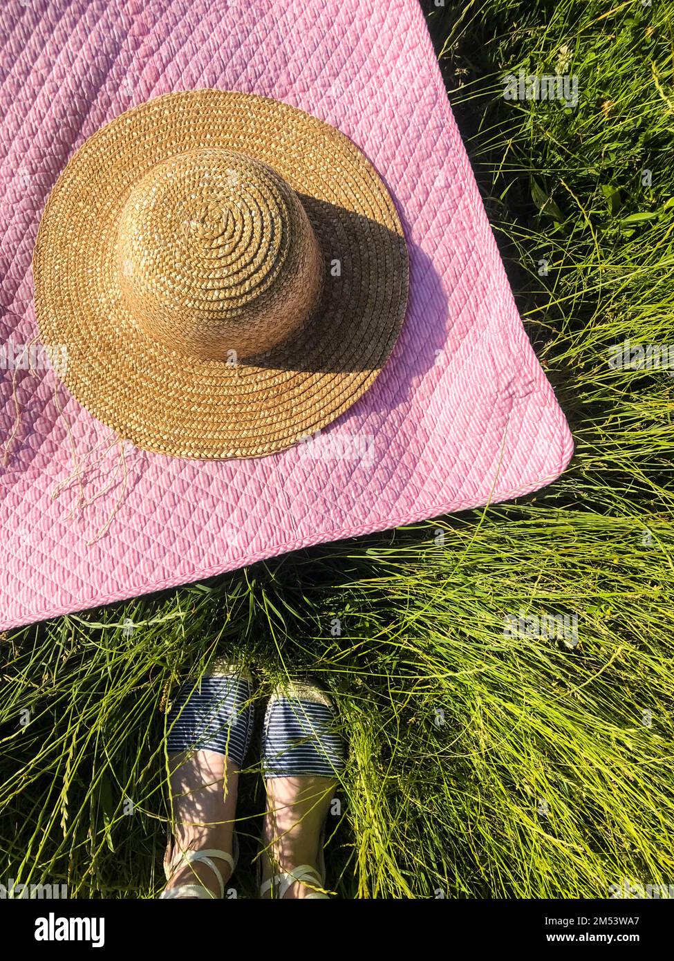 Summer flat lay. Picnic blanket, hat, woman legs on green grass. Top ...
