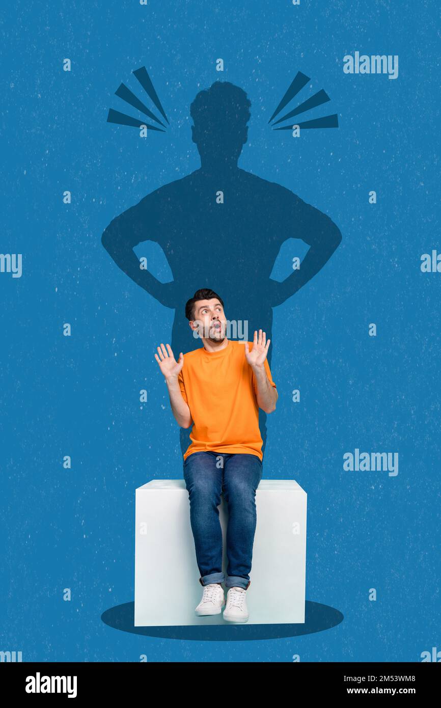 Creative artwork collage photo of young scared stressed guy sit ...