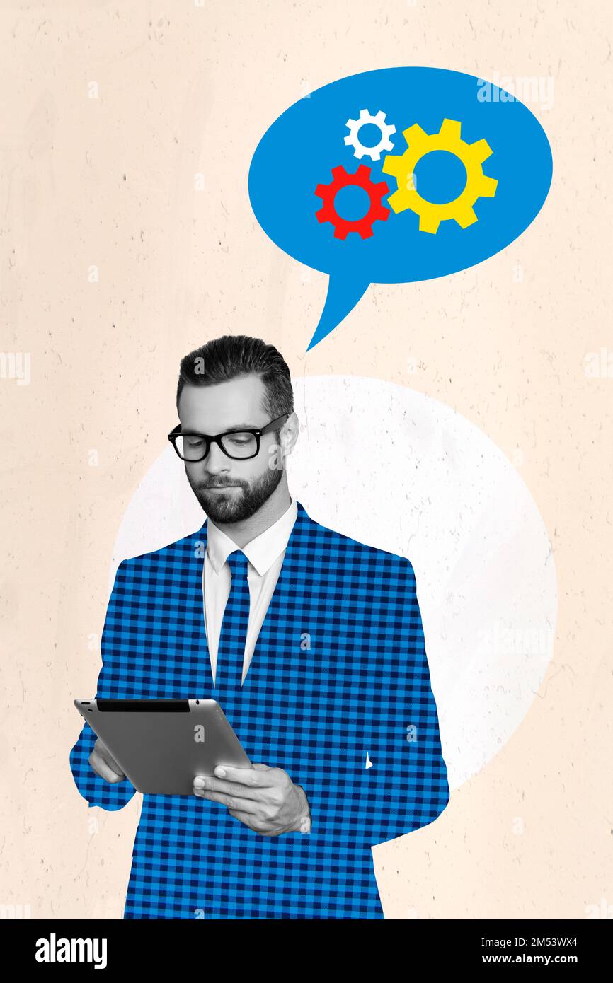 Composite collage photo of young confident businessman using tablet ...